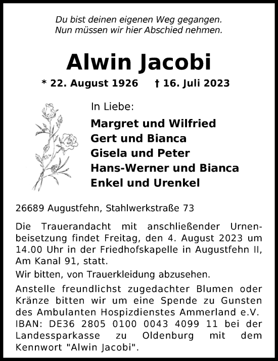 Traueranzeigen von Alwin Jacobi | nordwest-trauer.de