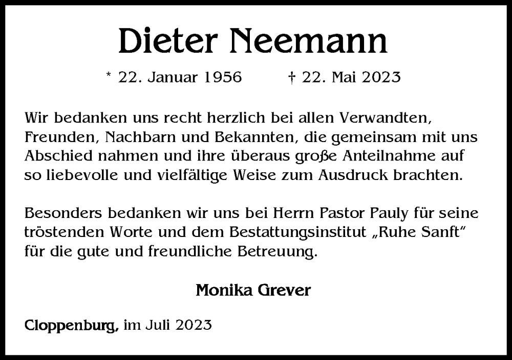Traueranzeigen von Dieter Neemann | nordwest-trauer.de