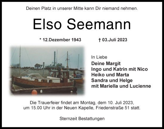 Traueranzeigen von Elso Seemann | nordwest-trauer.de