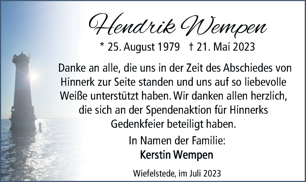 Traueranzeigen von Hendrik Wempen | nordwest-trauer.de