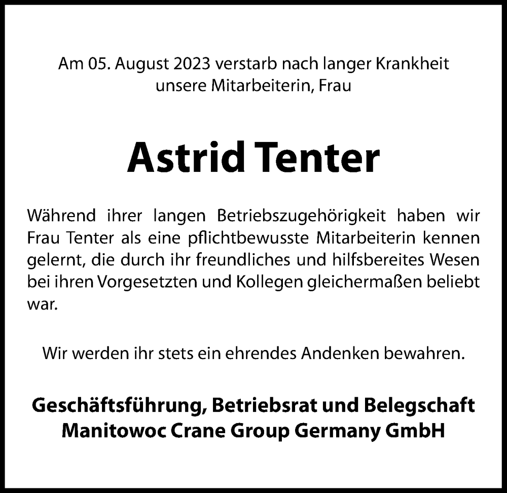 Traueranzeigen von Astrid Tenter | nordwest-trauer.de