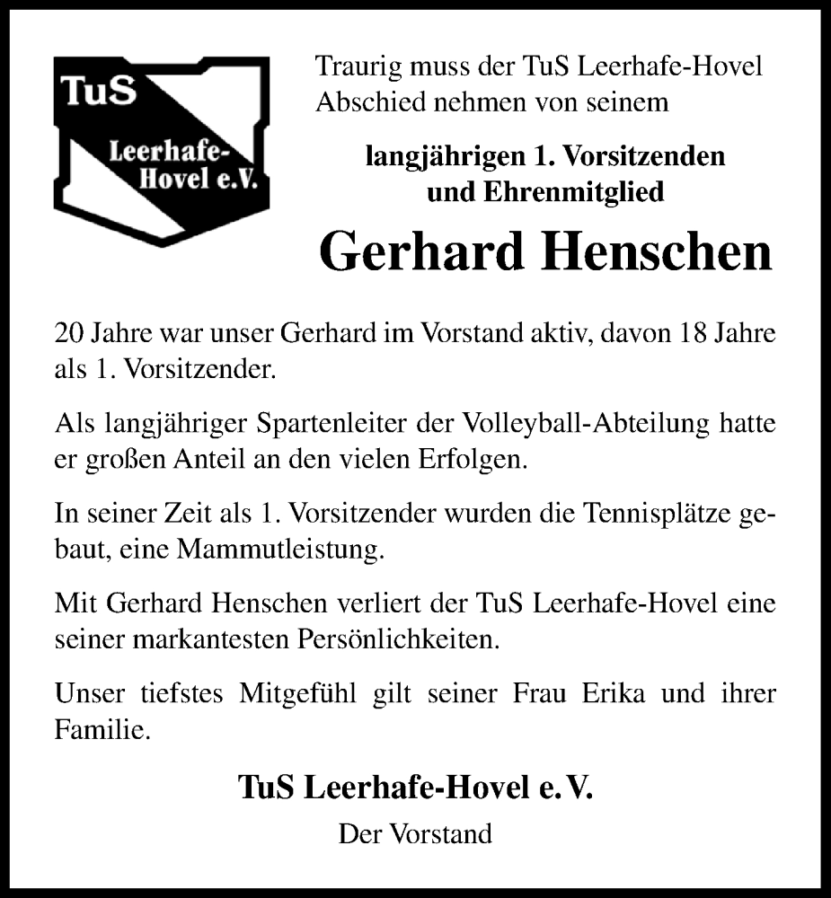 Traueranzeigen von Gerhard Henschen | nordwest-trauer.de