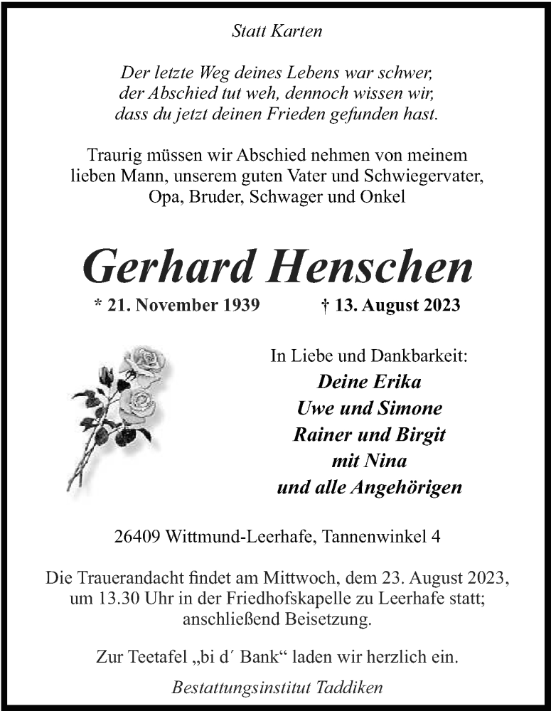 Traueranzeigen von Gerhard Henschen | nordwest-trauer.de