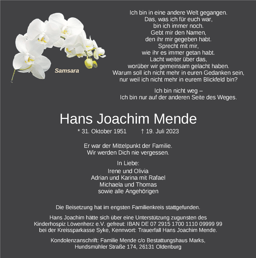 Traueranzeigen von Hans Joachim Mende | nordwest-trauer.de