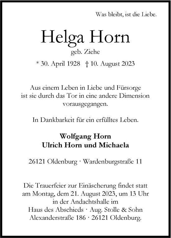 Traueranzeigen von Helga Horn | nordwest-trauer.de