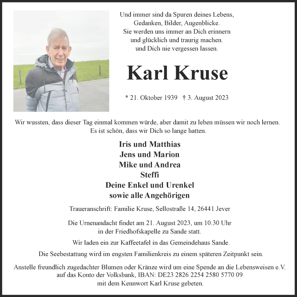 Traueranzeigen von Karl Kruse | nordwest-trauer.de