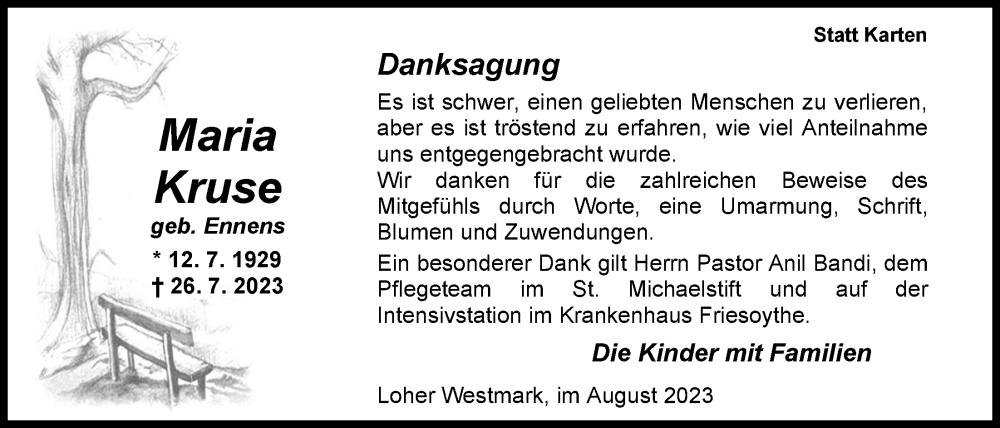 Traueranzeigen von Maria Kruse | nordwest-trauer.de