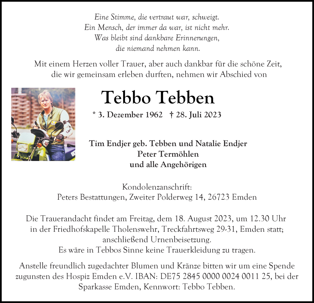 Traueranzeigen von Tebbo Tebben | nordwest-trauer.de
