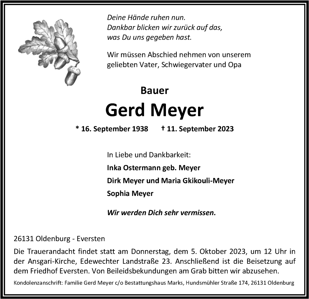 Traueranzeigen von Gerd Meyer | nordwest-trauer.de