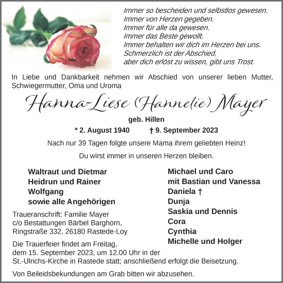 Traueranzeigen von Hanna-Liese Mayer | nordwest-trauer.de