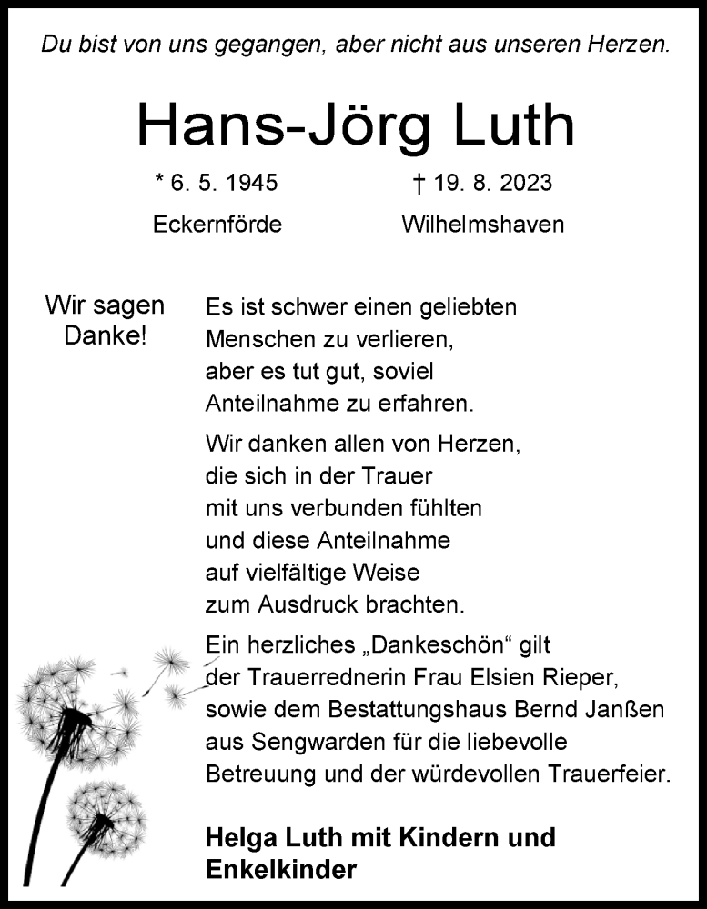 Traueranzeigen von Hans-Jörg Luth | nordwest-trauer.de