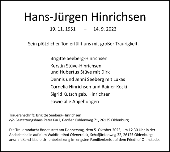 Traueranzeigen von Hans-Jürgen Hinrichsen | nordwest-trauer.de