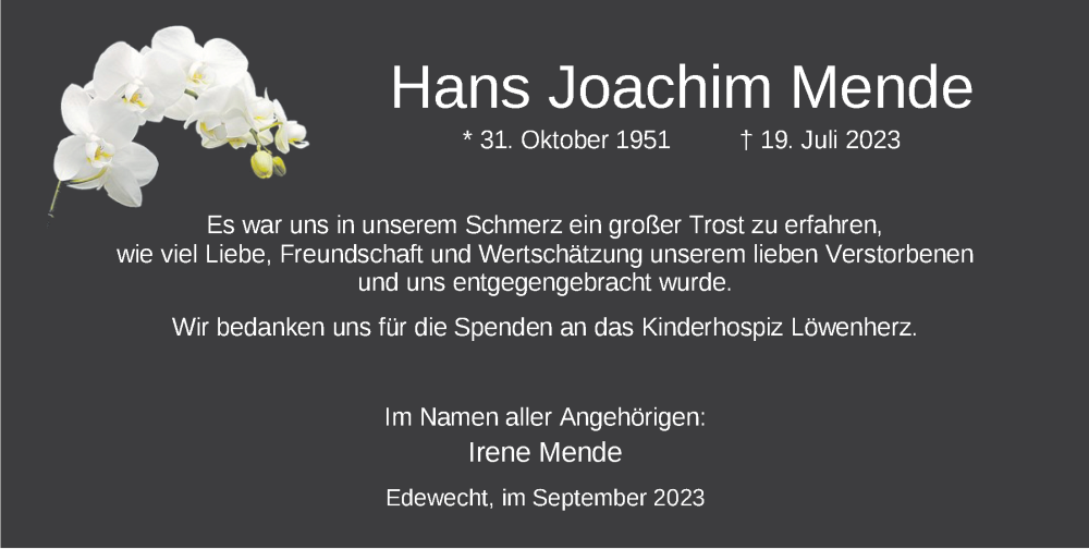 Traueranzeigen von Hans Joachim Mende | nordwest-trauer.de
