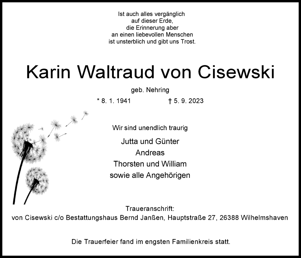 Traueranzeigen von Karin Waltraud von Cisewski | nordwest-trauer.de