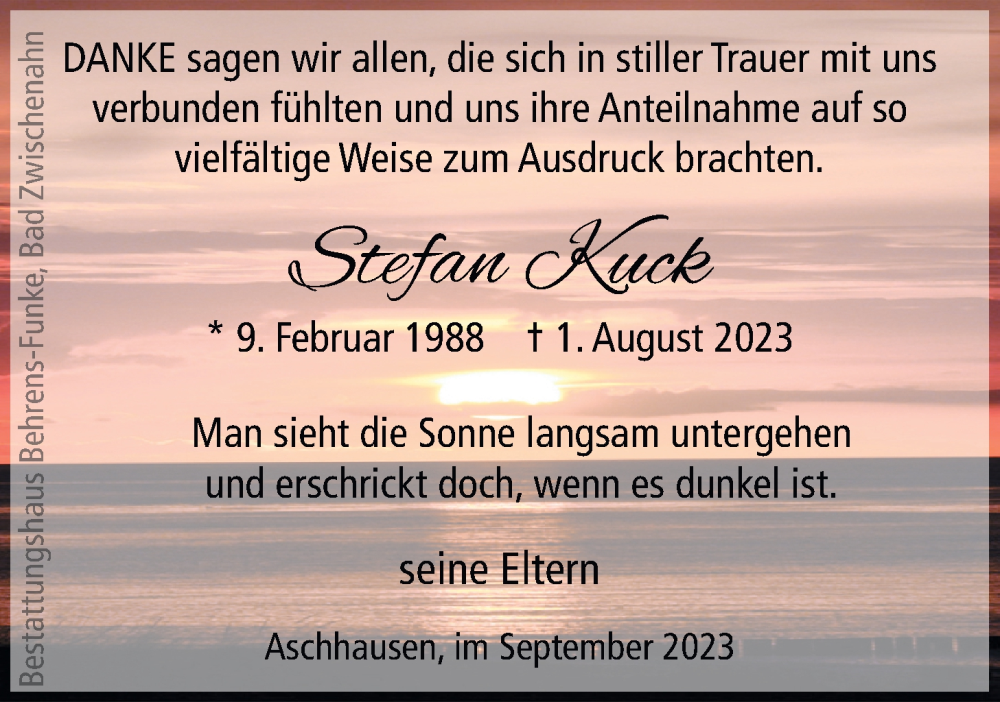 Traueranzeigen von Stefan Kuck | nordwest-trauer.de