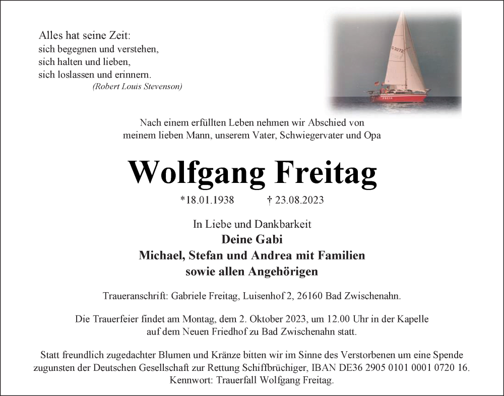 Traueranzeigen von Wolfgang Freitag | nordwest-trauer.de