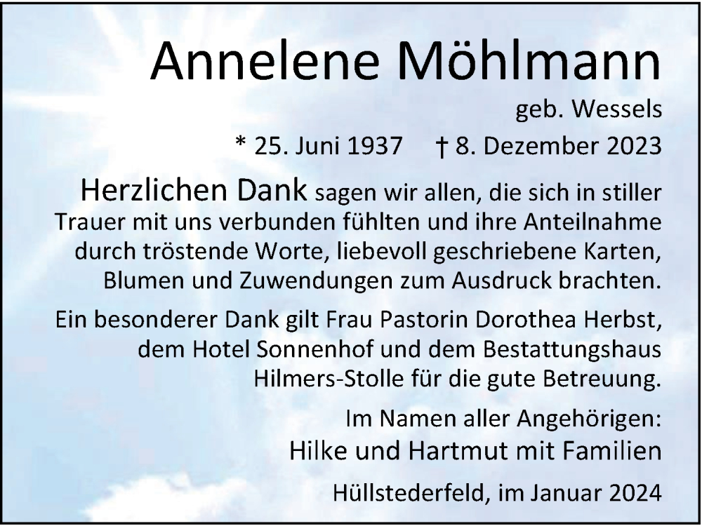 Traueranzeigen von Annelene Möhlmann | nordwest-trauer.de