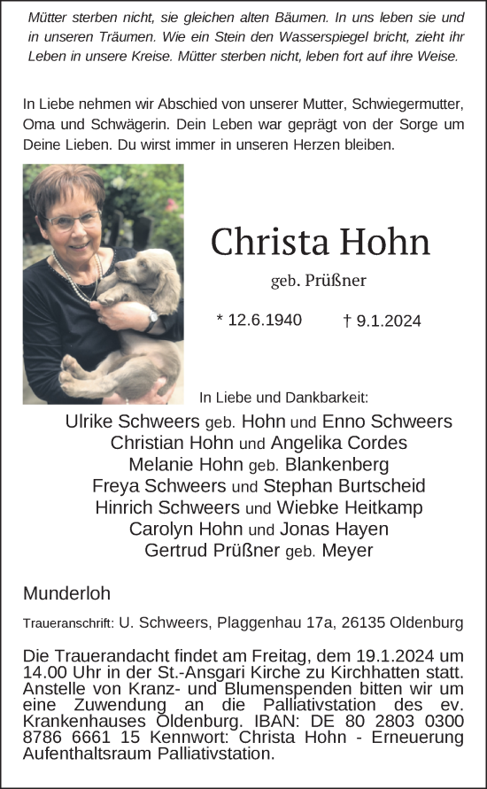 Traueranzeigen von Christa Hohn | nordwest-trauer.de
