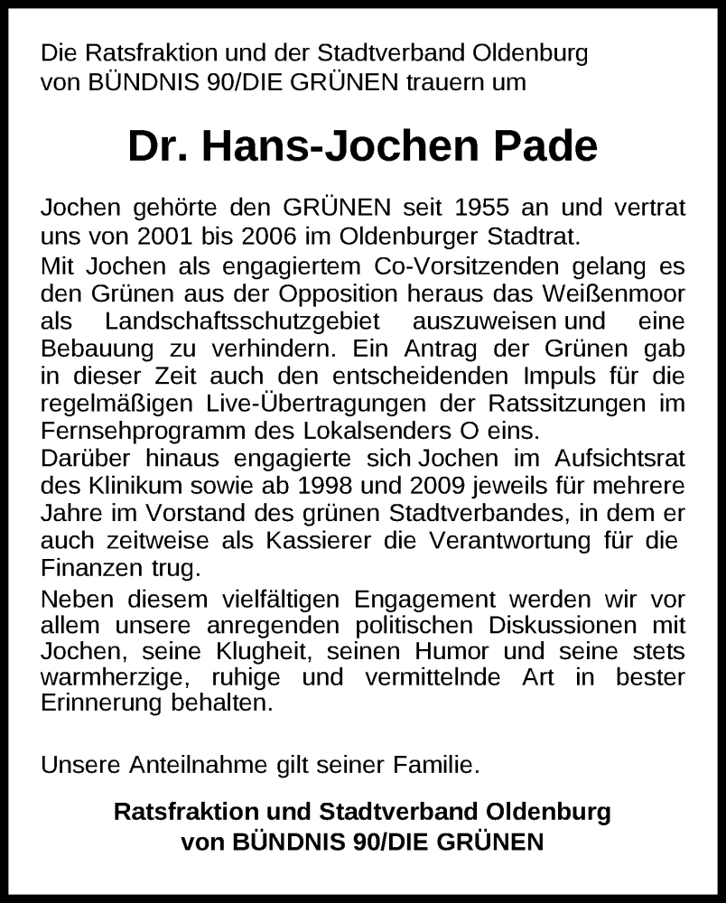 Traueranzeigen von Dr. Hans-Jochen Pade | nordwest-trauer.de