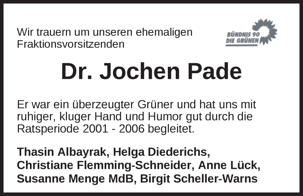 Traueranzeigen von Dr. Jochen Pade | nordwest-trauer.de
