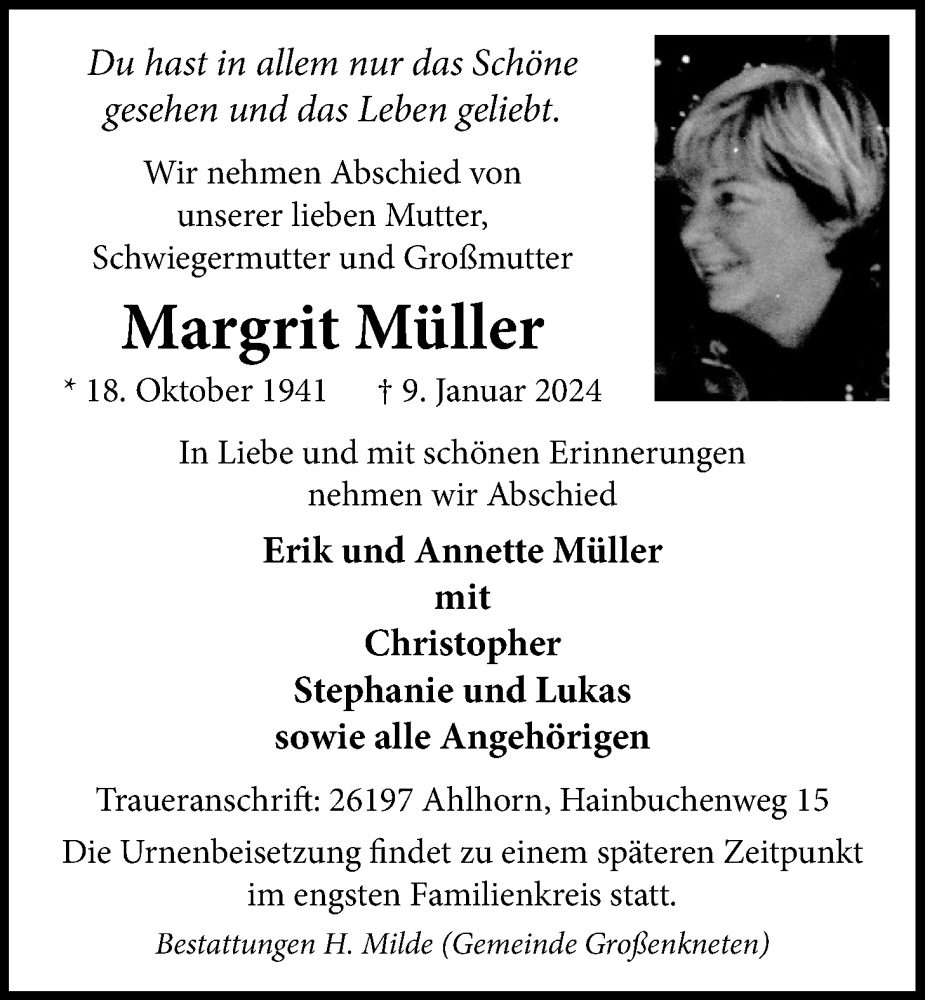 Traueranzeigen von Margrit Müller | nordwest-trauer.de
