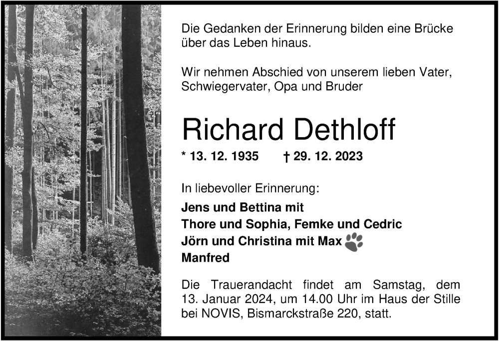 Traueranzeigen von Richard Dethloff | nordwest-trauer.de