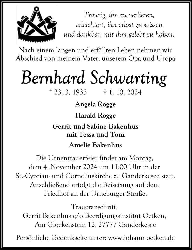 Traueranzeigen von Bernhard Schwarting | nordwest-trauer.de