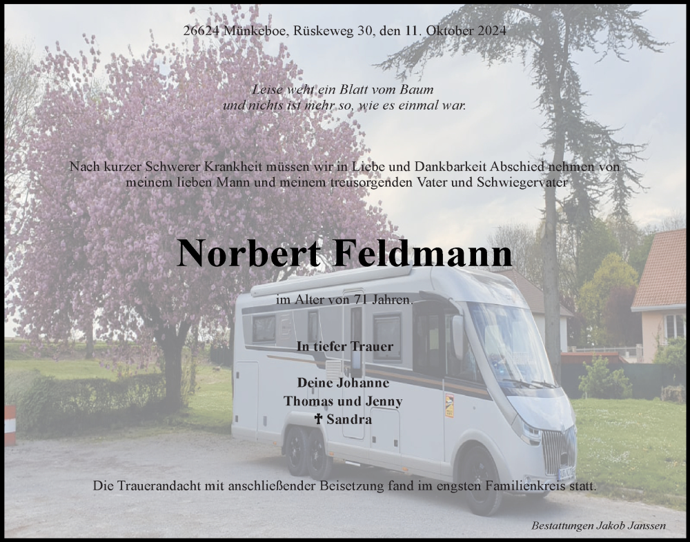 Traueranzeigen von Norbert Feldmann | nordwest-trauer.de