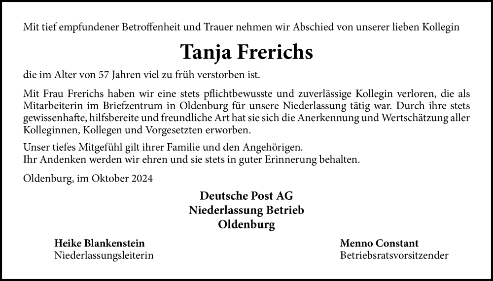 Traueranzeigen von Tanja Frerichs | nordwest-trauer.de