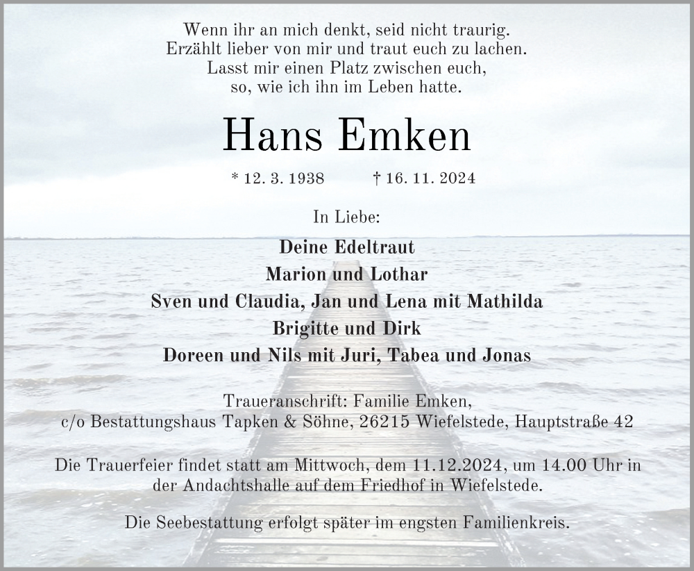 Traueranzeigen von Hans Emken | nordwest-trauer.de