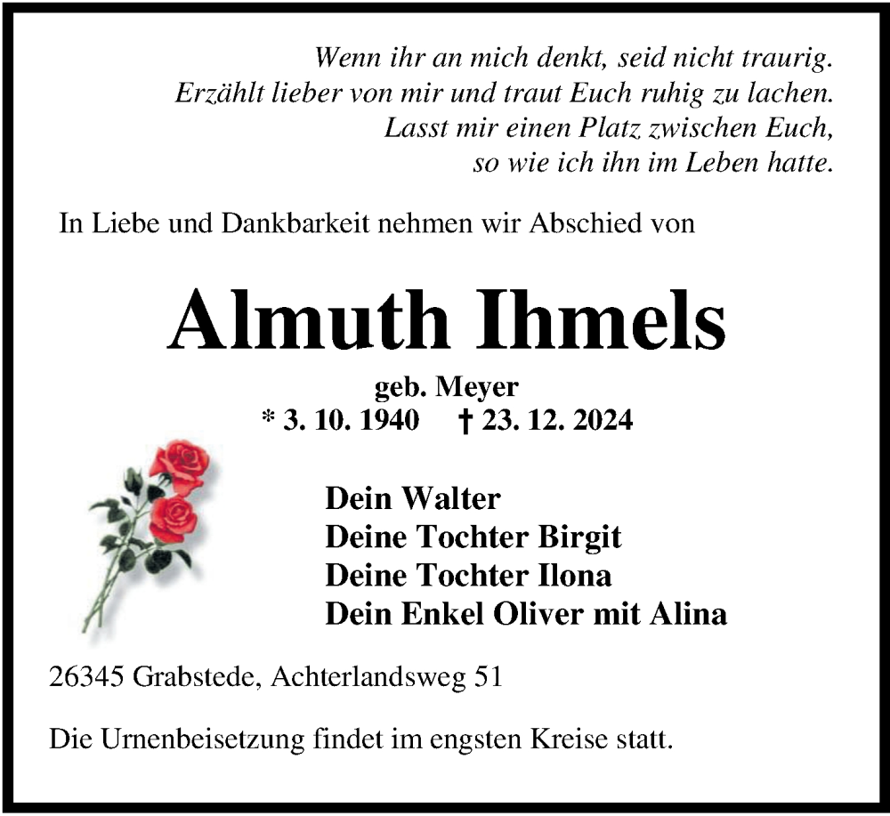 Traueranzeigen von Almuth Ihmels | nordwest-trauer.de