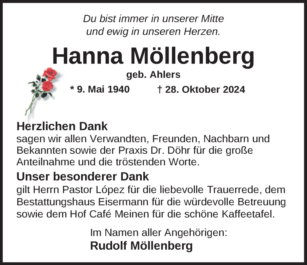 Traueranzeigen von Hanna Möllenberg | nordwest-trauer.de
