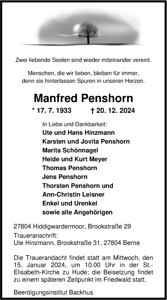 Traueranzeigen von Manfred Penshorn | nordwest-trauer.de