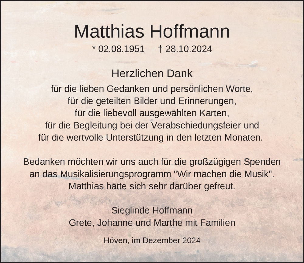 Traueranzeigen von Matthias Hoffmann | nordwest-trauer.de