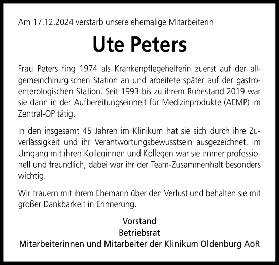 Traueranzeigen von Ute Peters | nordwest-trauer.de