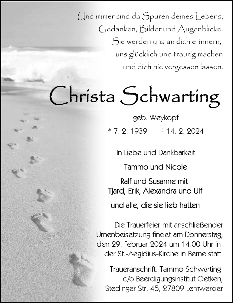 Traueranzeigen von Christa Schwarting | nordwest-trauer.de