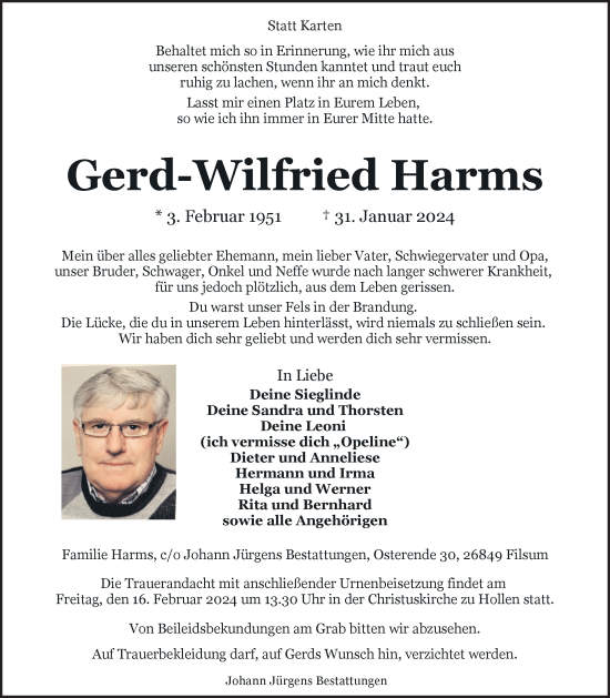Traueranzeigen von Gerd-Wilfried Harms | nordwest-trauer.de