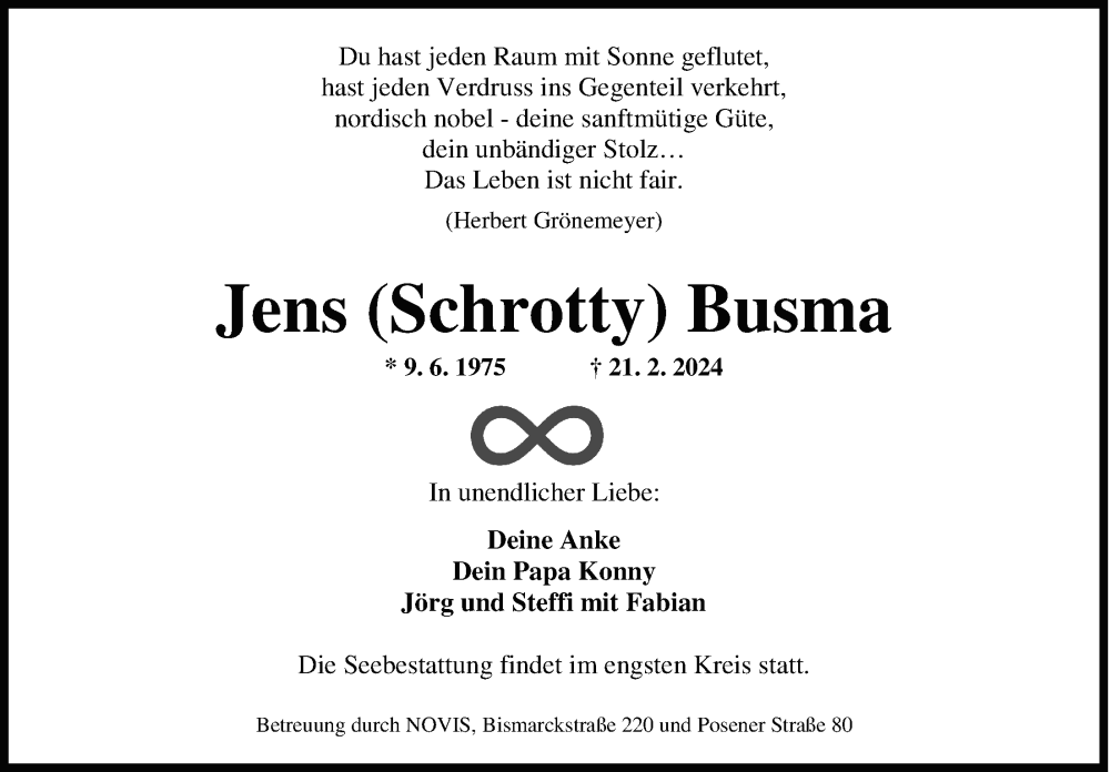 Traueranzeigen von Jens Busma | nordwest-trauer.de