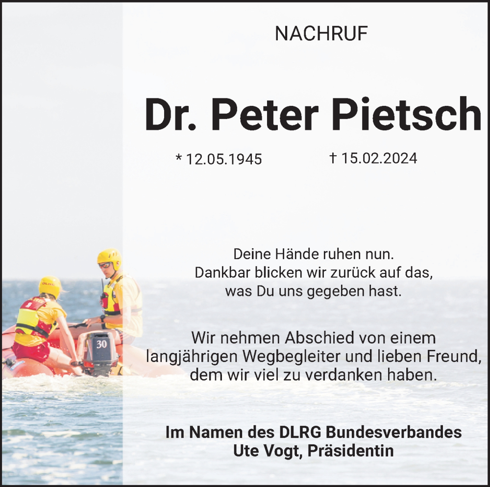 Traueranzeigen von Peter Pietsch | nordwest-trauer.de