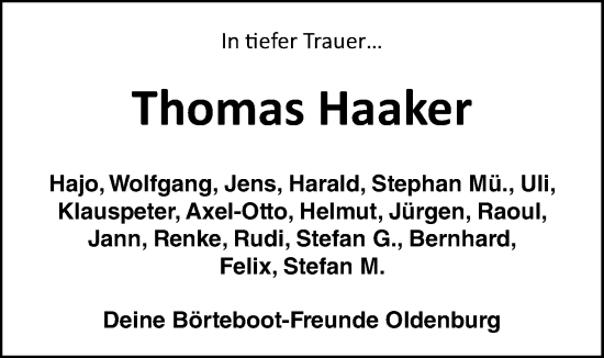 Traueranzeigen von Thomas Haaker | nordwest-trauer.de