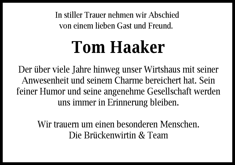 Traueranzeigen von Tom Haaker | nordwest-trauer.de