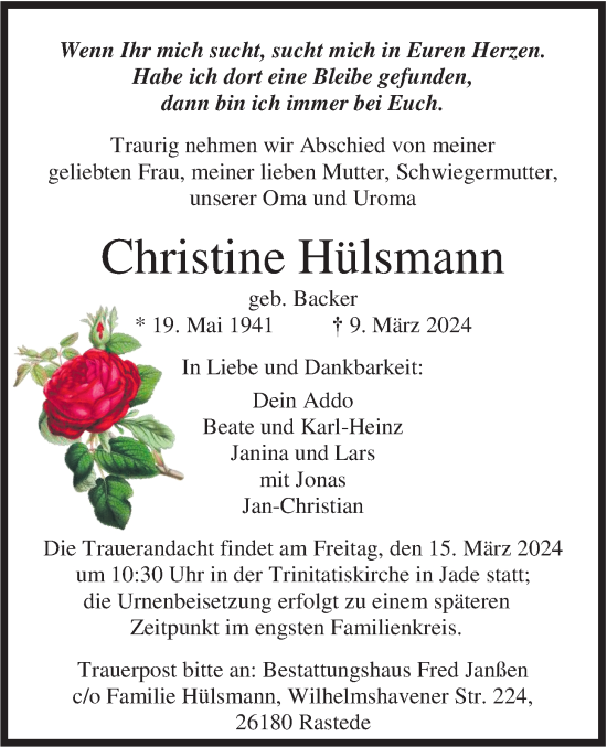 Traueranzeigen von Christine Hülsmann | nordwest-trauer.de