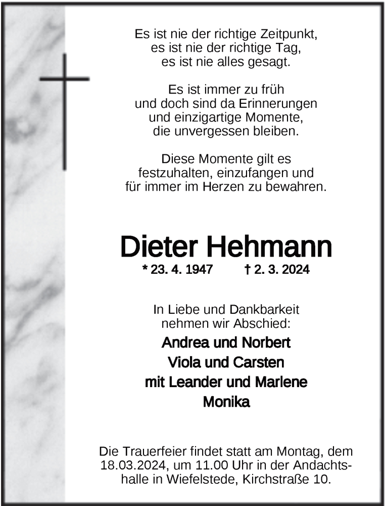 Traueranzeigen von Dieter Hehmann | nordwest-trauer.de
