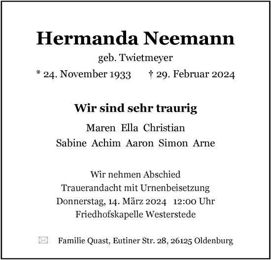 Traueranzeigen von Hermanda Neemann | nordwest-trauer.de