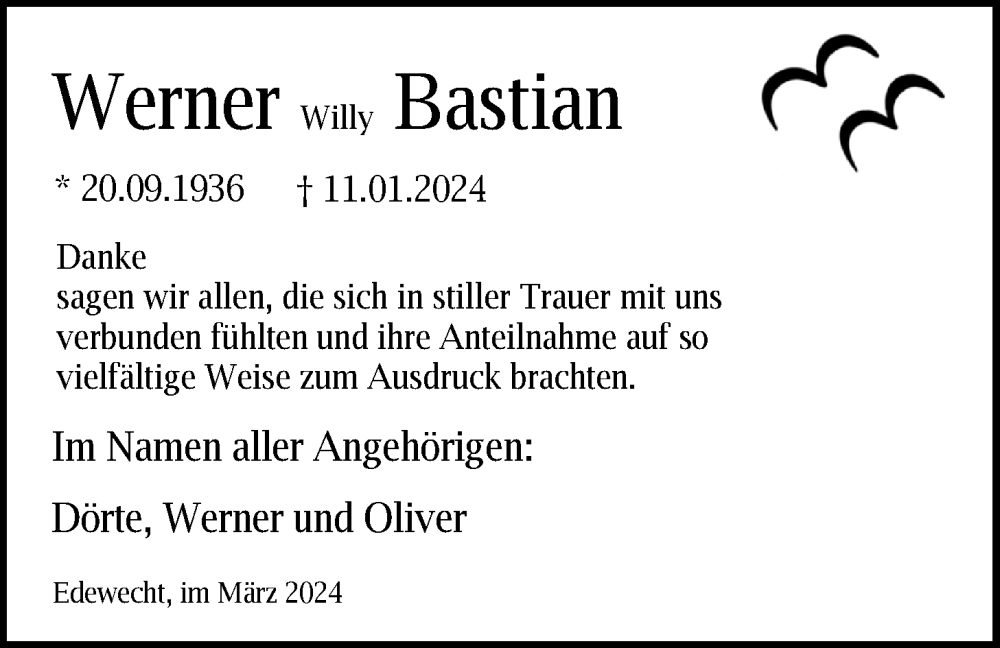 Traueranzeigen von Werner Willy Bastian | nordwest-trauer.de