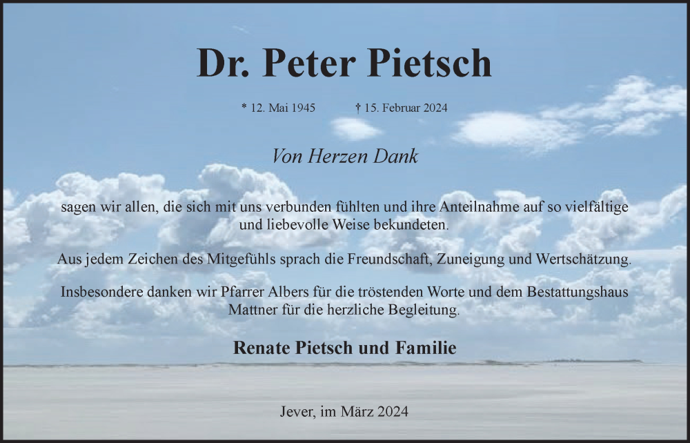 Traueranzeigen von Peter Pietsch | nordwest-trauer.de