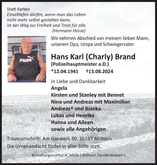 Traueranzeigen von Hans Brand | nordwest-trauer.de