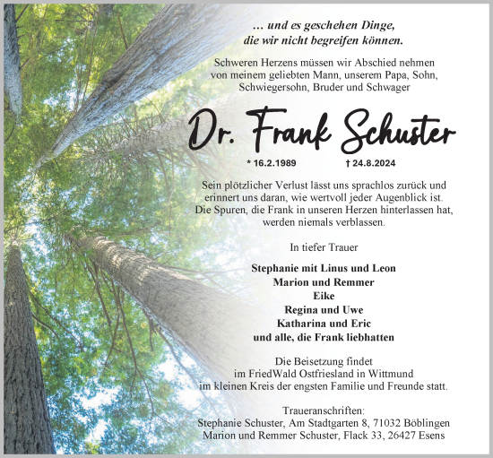Traueranzeigen von Frank Schuster | nordwest-trauer.de