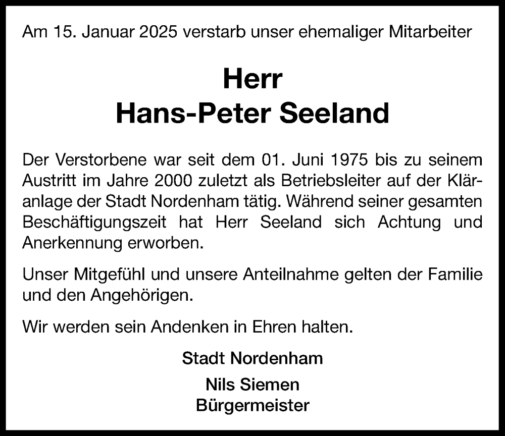 Traueranzeigen von Hans-Peter Seeland | nordwest-trauer.de