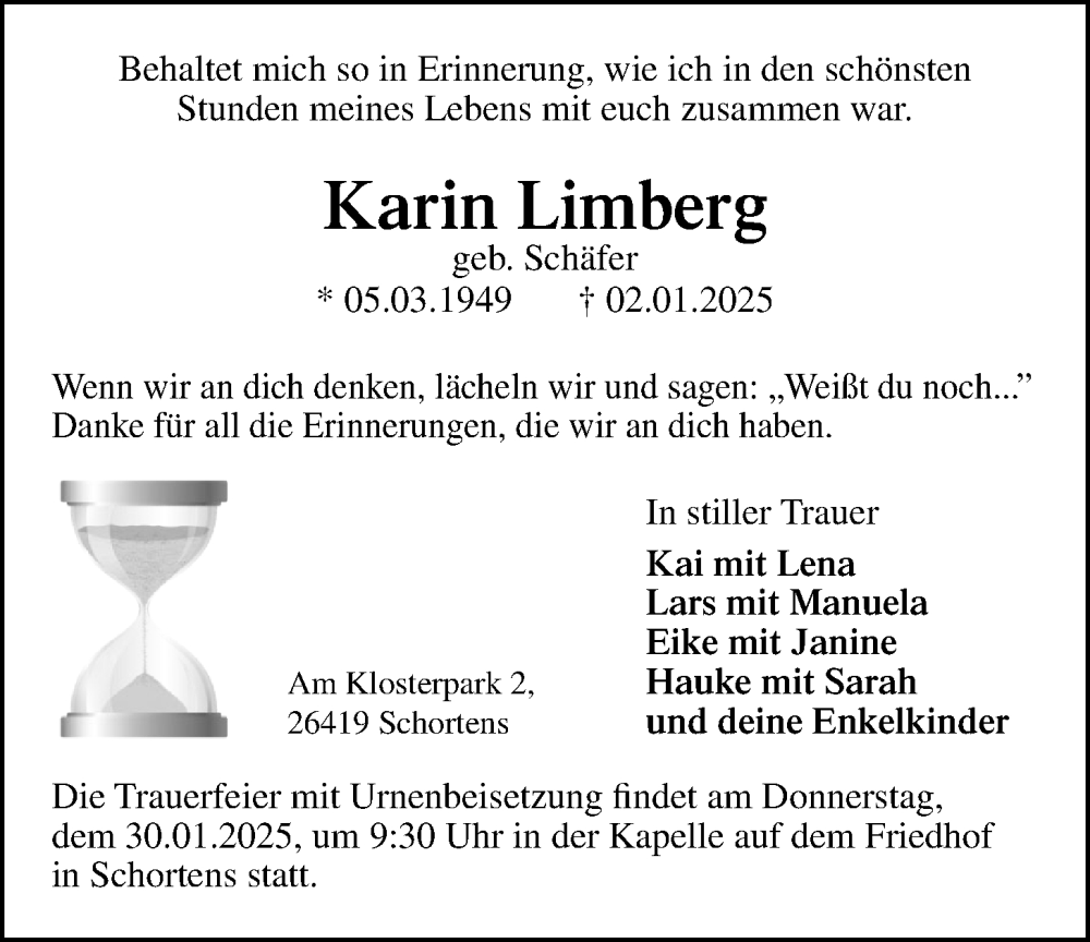 Traueranzeigen von Karin Limberg | nordwest-trauer.de